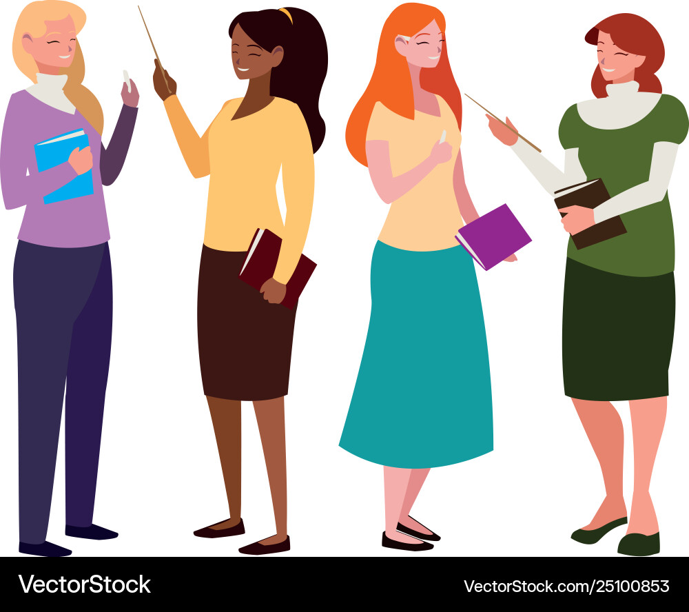 Interracial female teachers group with textbooks Vector Image