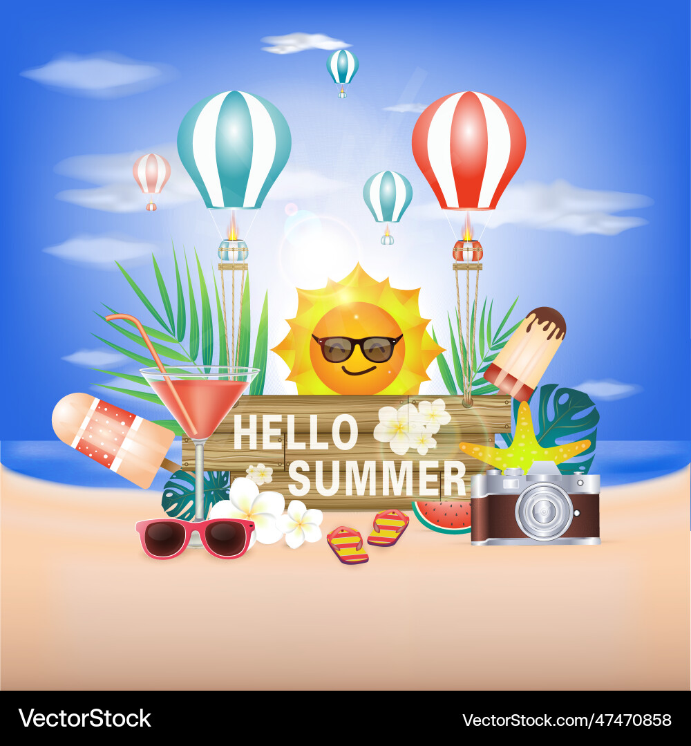 Hello summer tropical plants and beach Royalty Free Vector