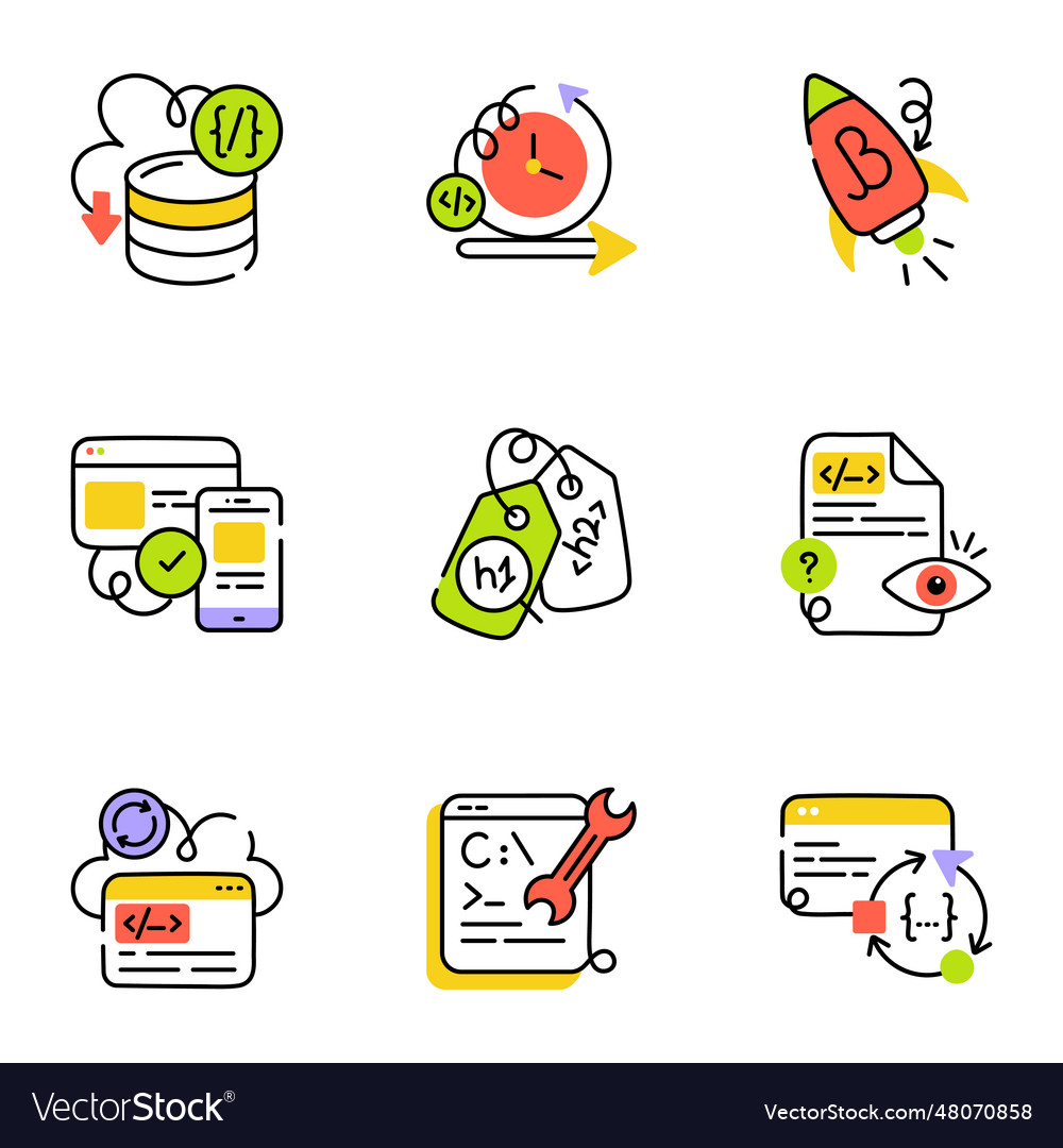Pack of website coding hand drawn icons Royalty Free Vector