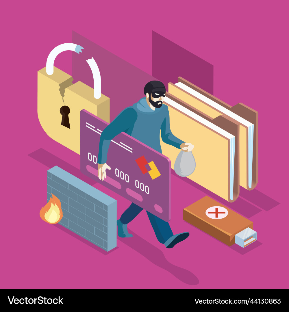 Isometric cyber thief poster Royalty Free Vector Image
