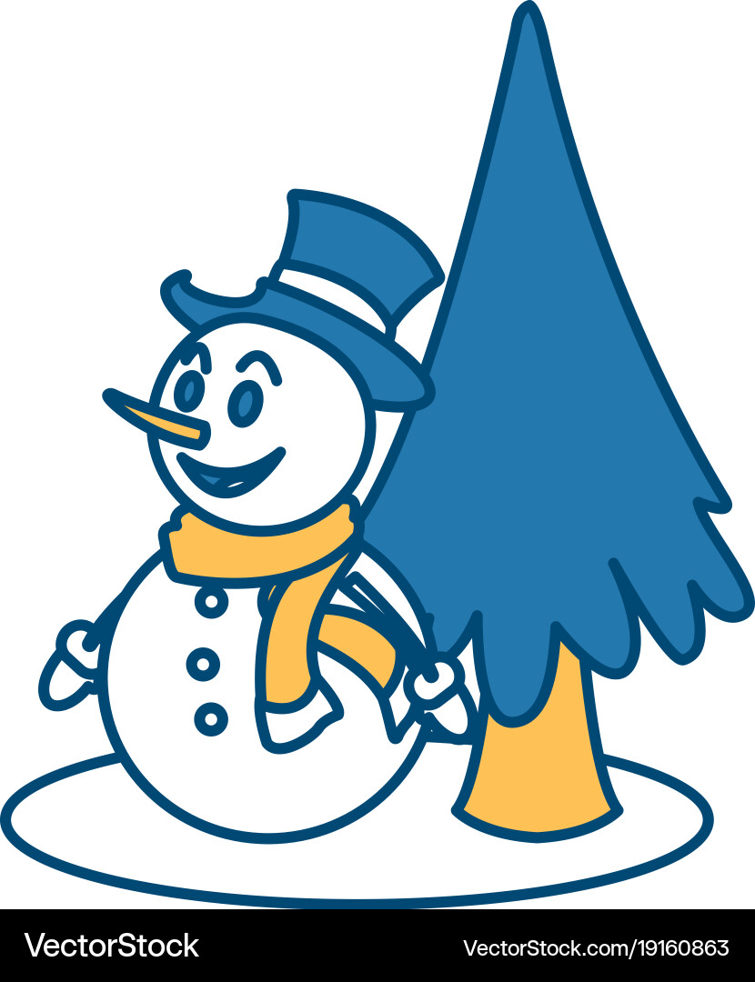 Snowman and tree christmas cartoon Royalty Free Vector Image
