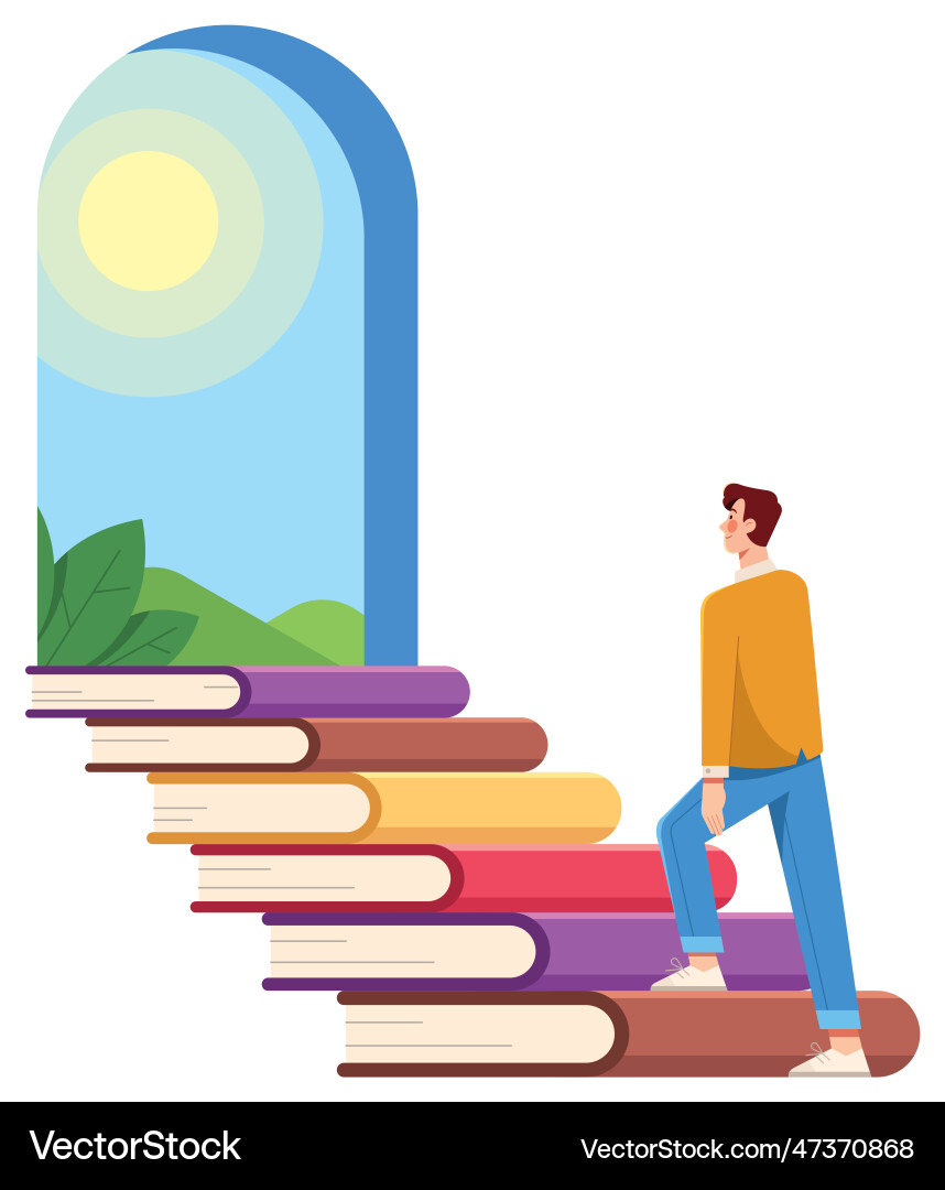 Man climbing book stairs on white Royalty Free Vector Image