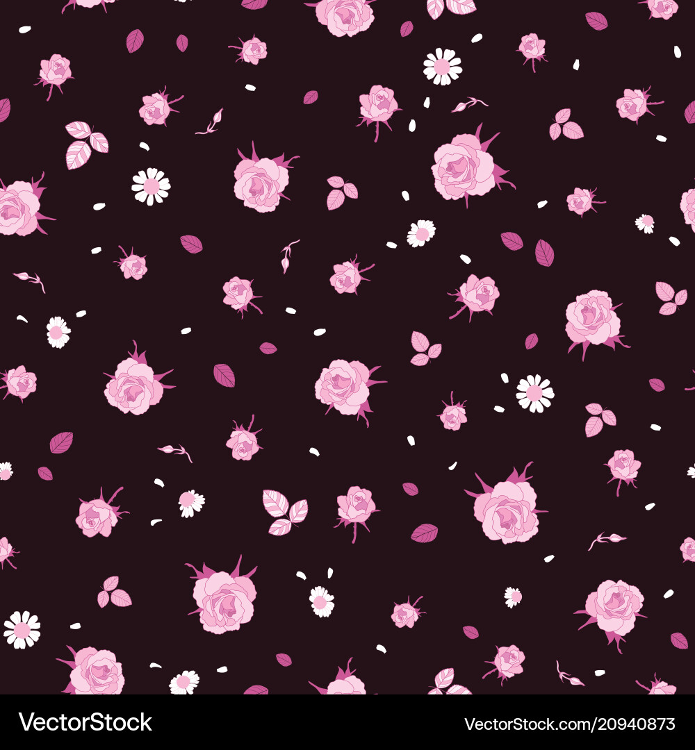 Burgundy pink roses ditsy vintage seamless pattern