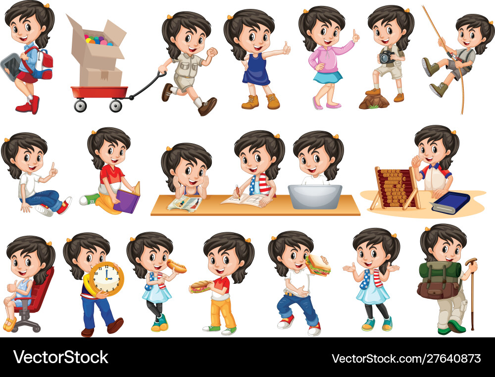 Girl with happy face in different actions Vector Image