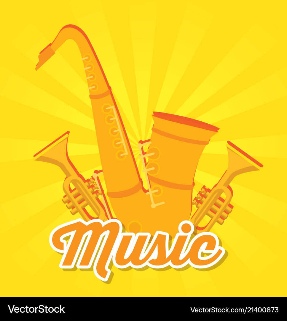 Saxophone and trumpets musical instruments label Vector Image