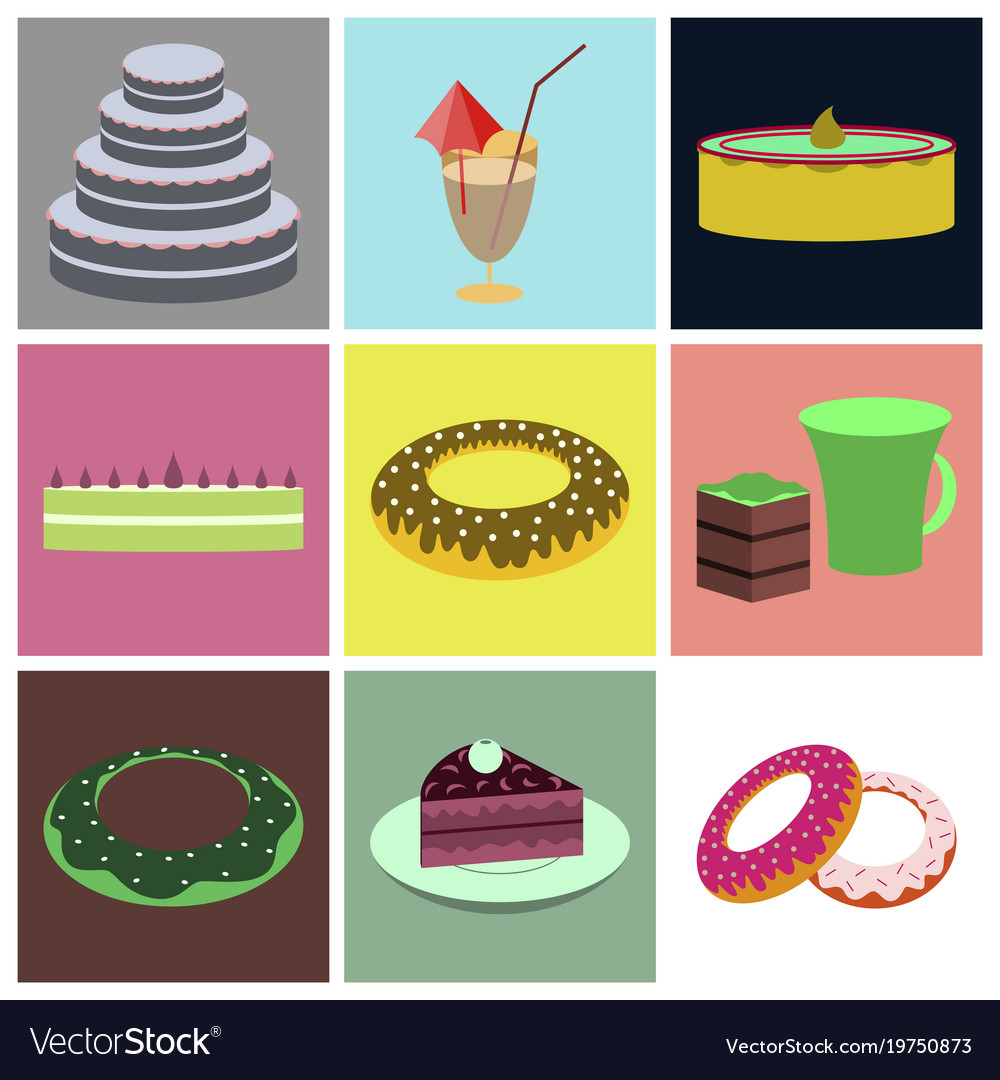 Set icons in flat design cakes desserts Royalty Free Vector
