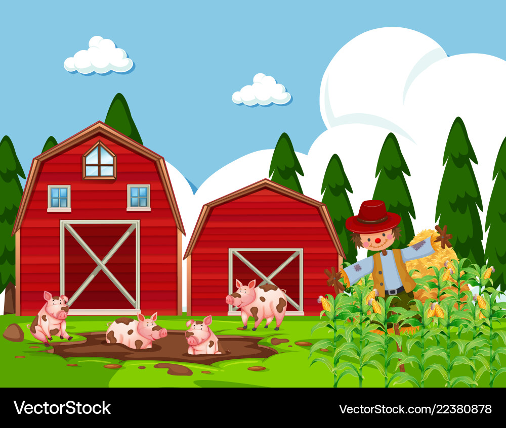 Farm scene with pigs in mud Royalty Free Vector Image