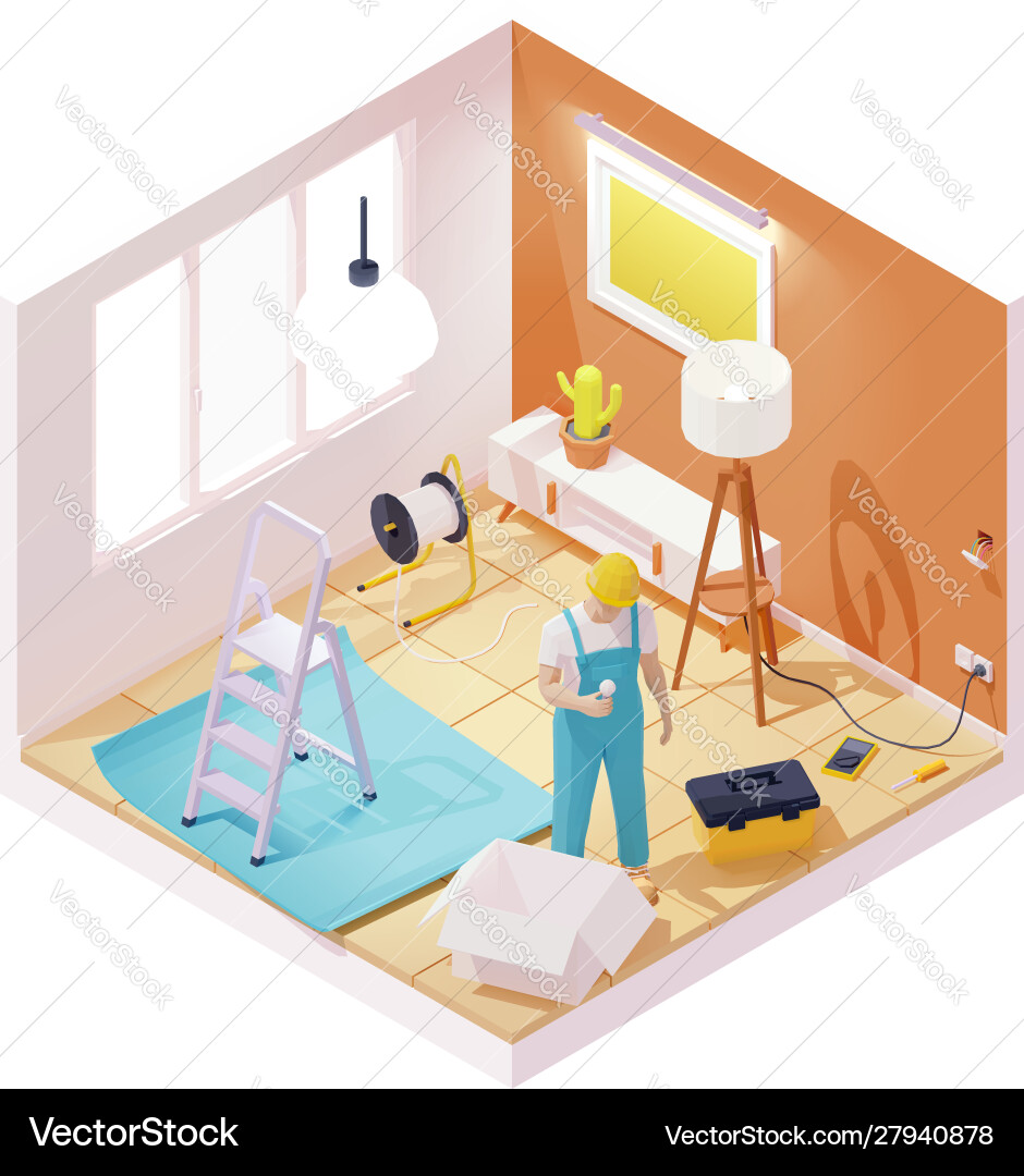 Isometric electrician working in room Royalty Free Vector