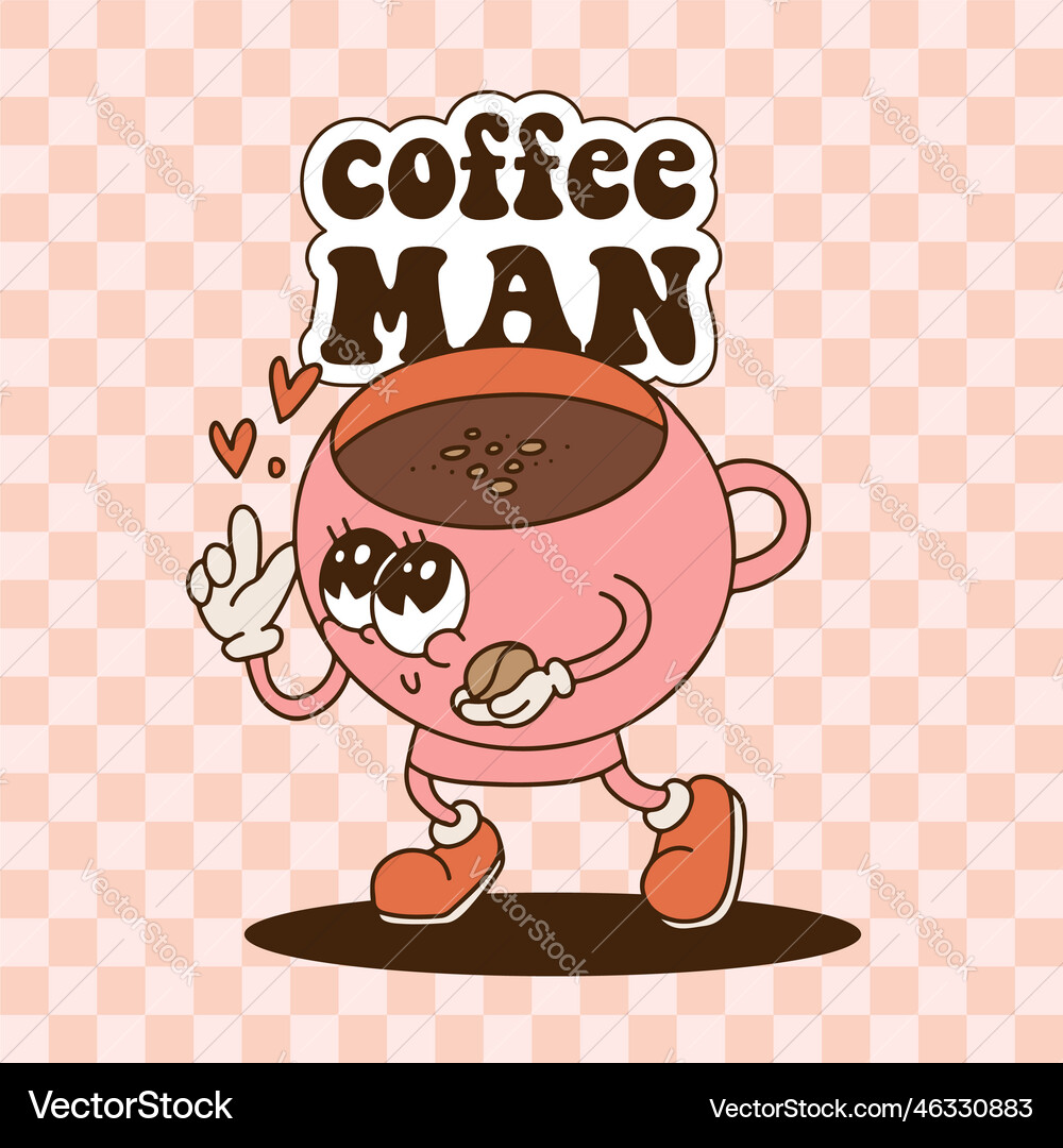 Coffeeman 80s vintage banner template groovy Vector Image