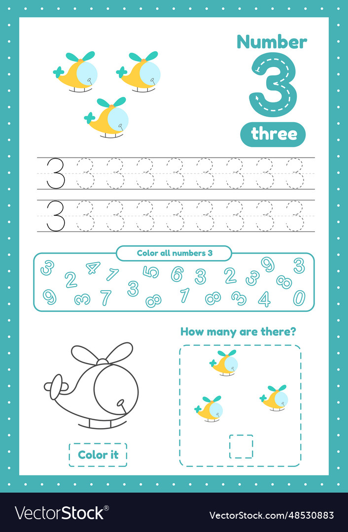 Learning numbers number 3 trace color count Vector Image