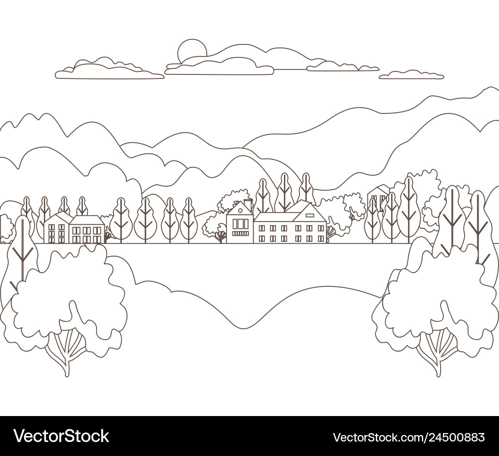 Thin line outline landscape rural farm panorama Vector Image