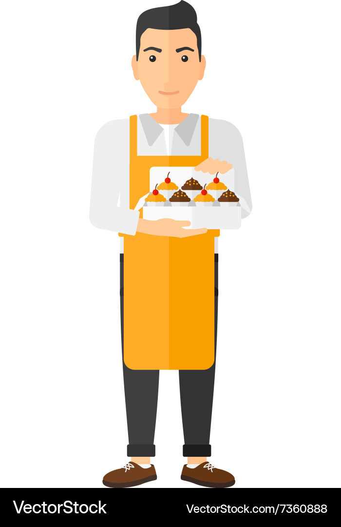Baker holding box of cakes Royalty Free Vector Image