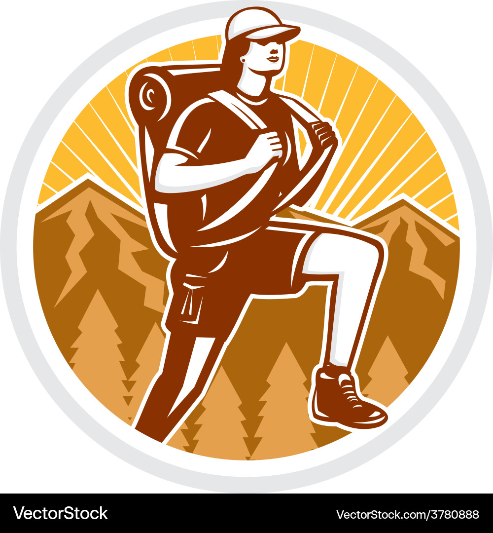 Female hiker hiking mountain circle retro Vector Image