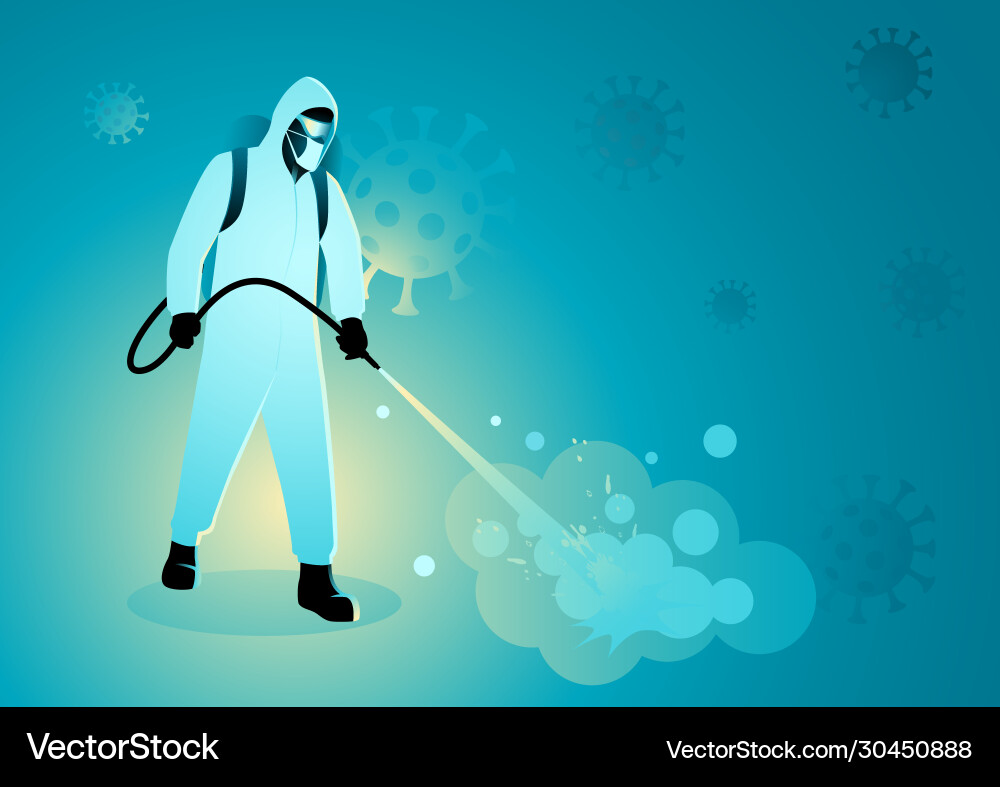 Man in protective suit spraying disinfectant Vector Image