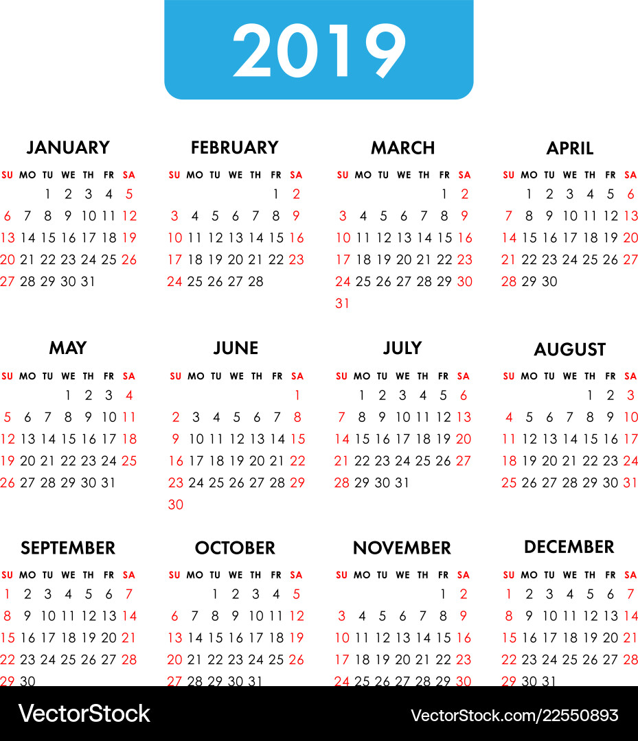 Calendar 2019 year on a white background week Vector Image