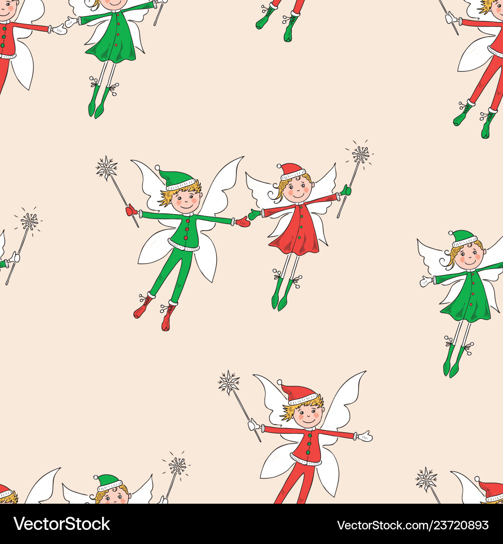 Seamless pattern of the flying cheerful elves Vector Image
