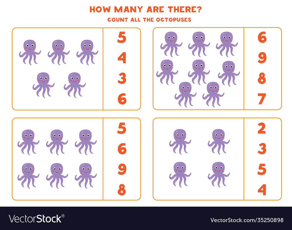 Counting math game with cute cartoon octopuses Vector Image