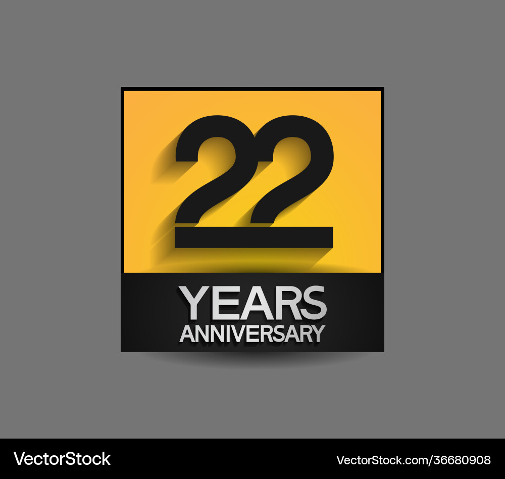 22 years anniversary in square yellow and black Vector Image