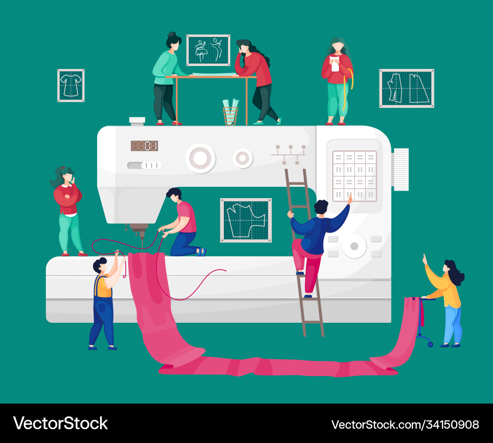 Concept dress sewing at machine sewers Royalty Free Vector