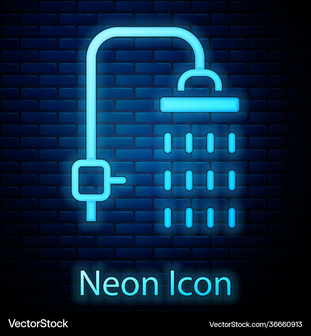 Glowing neon shower head with water drops flowing Vector Image