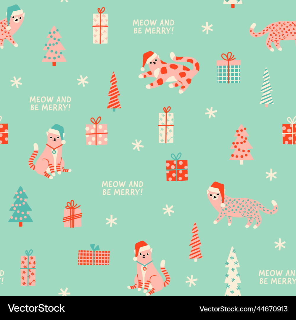 Pastel blue christmas trees cats and gift boxes Vector Image