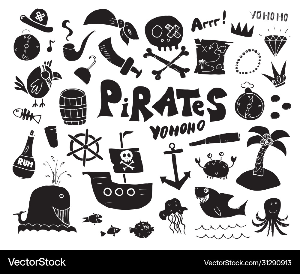 Pirate doodles set cute pirate items sketch Vector Image