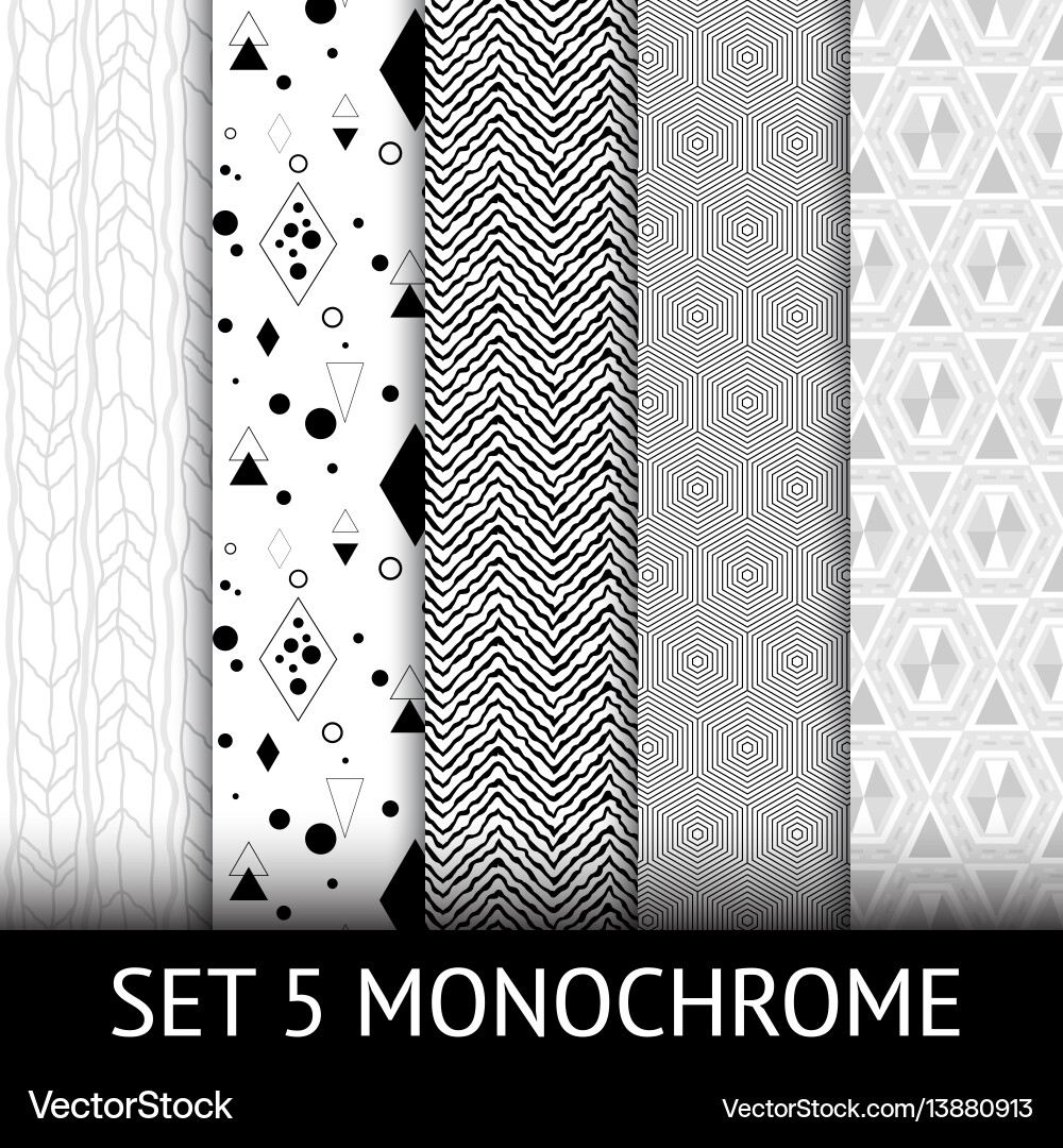 Set of 5 different geometric monochrome seamless Vector Image