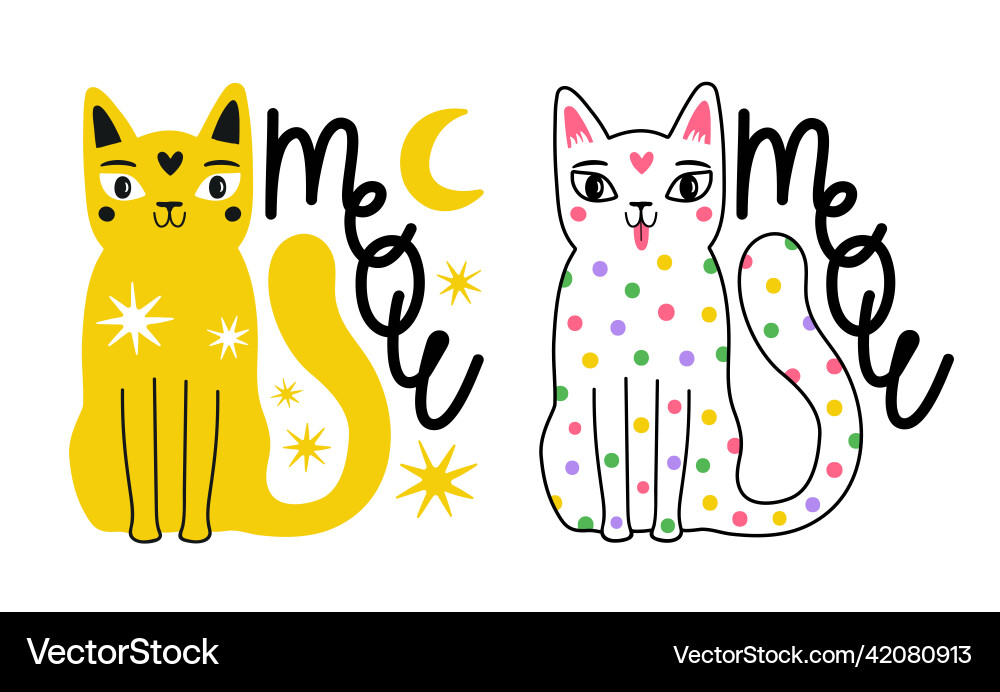 Set with colored cats stars dots and lettering Vector Image