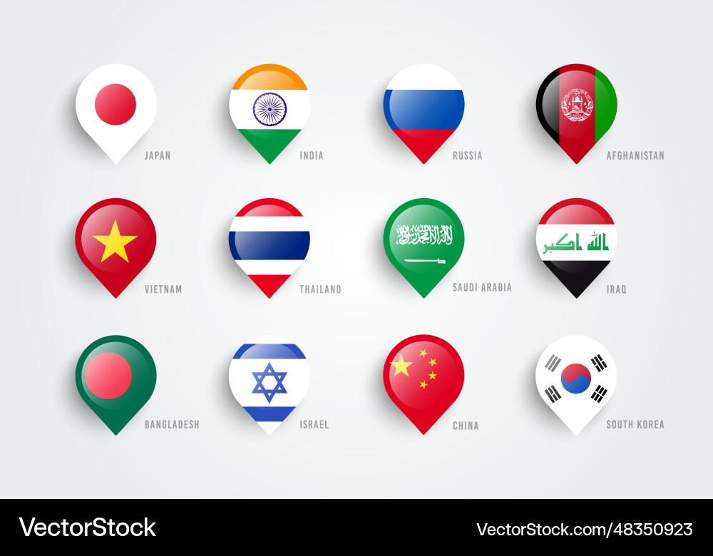 Asia pin set with asian flags Royalty Free Vector Image