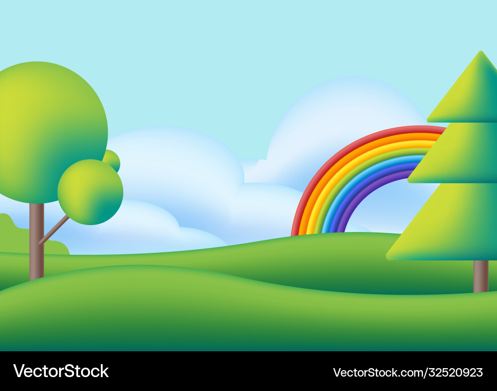 Cute scape with rainbow trees and green meadow Vector Image