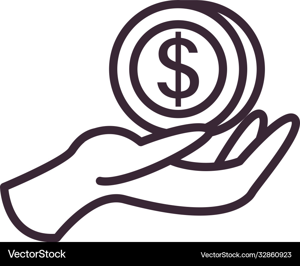 Dollar coin over hand line style icon Royalty Free Vector