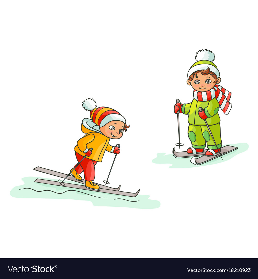 Flat cartoon boys skiing isolated Royalty Free Vector Image