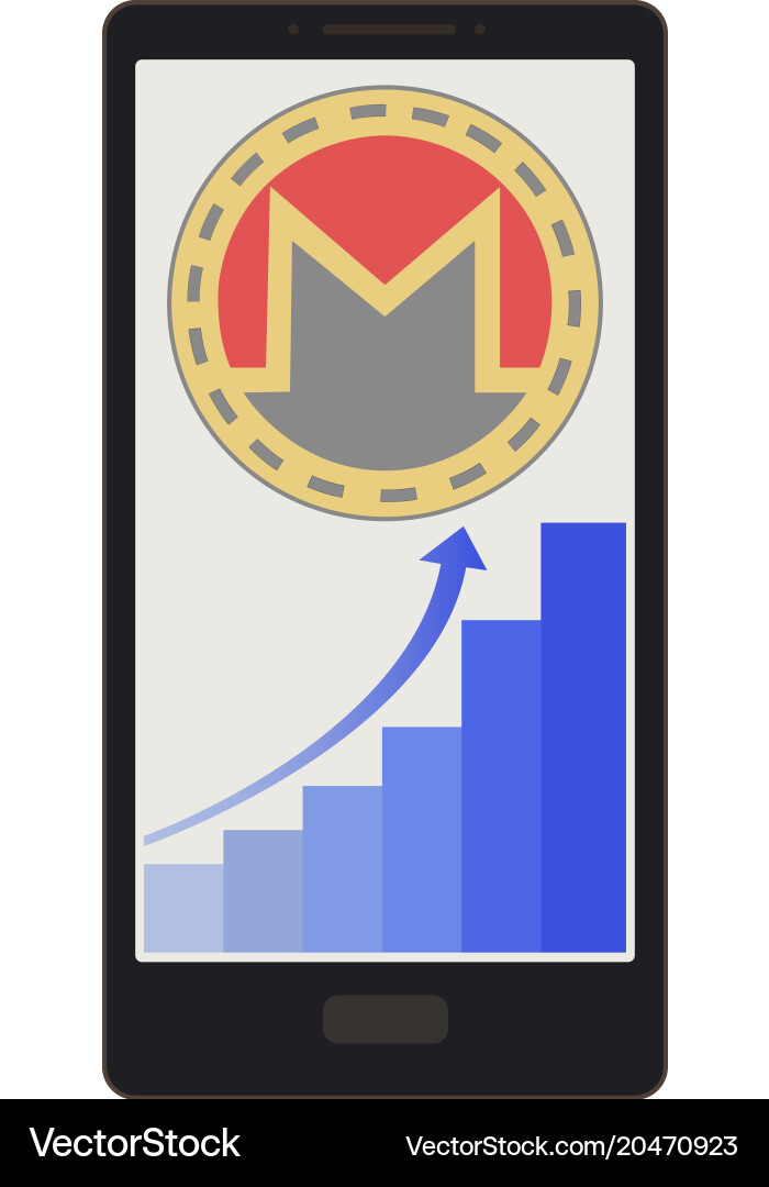 Monero coin with growth graph on a phone screen Vector Image