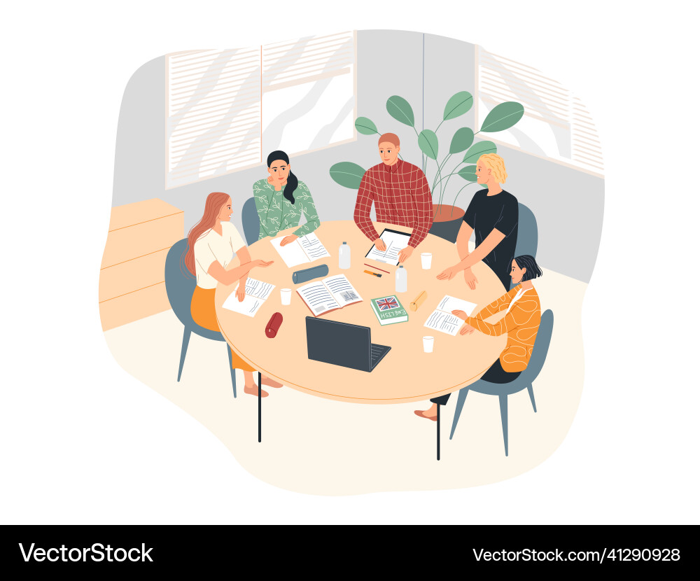 A group of students at the table are studying Vector Image