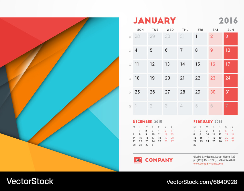 January 2016 desk calendar for year Royalty Free Vector