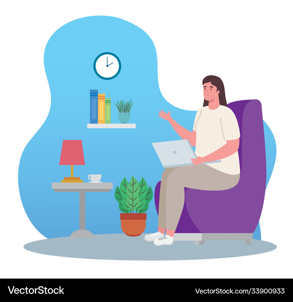 Telework young woman with laptop working from Vector Image
