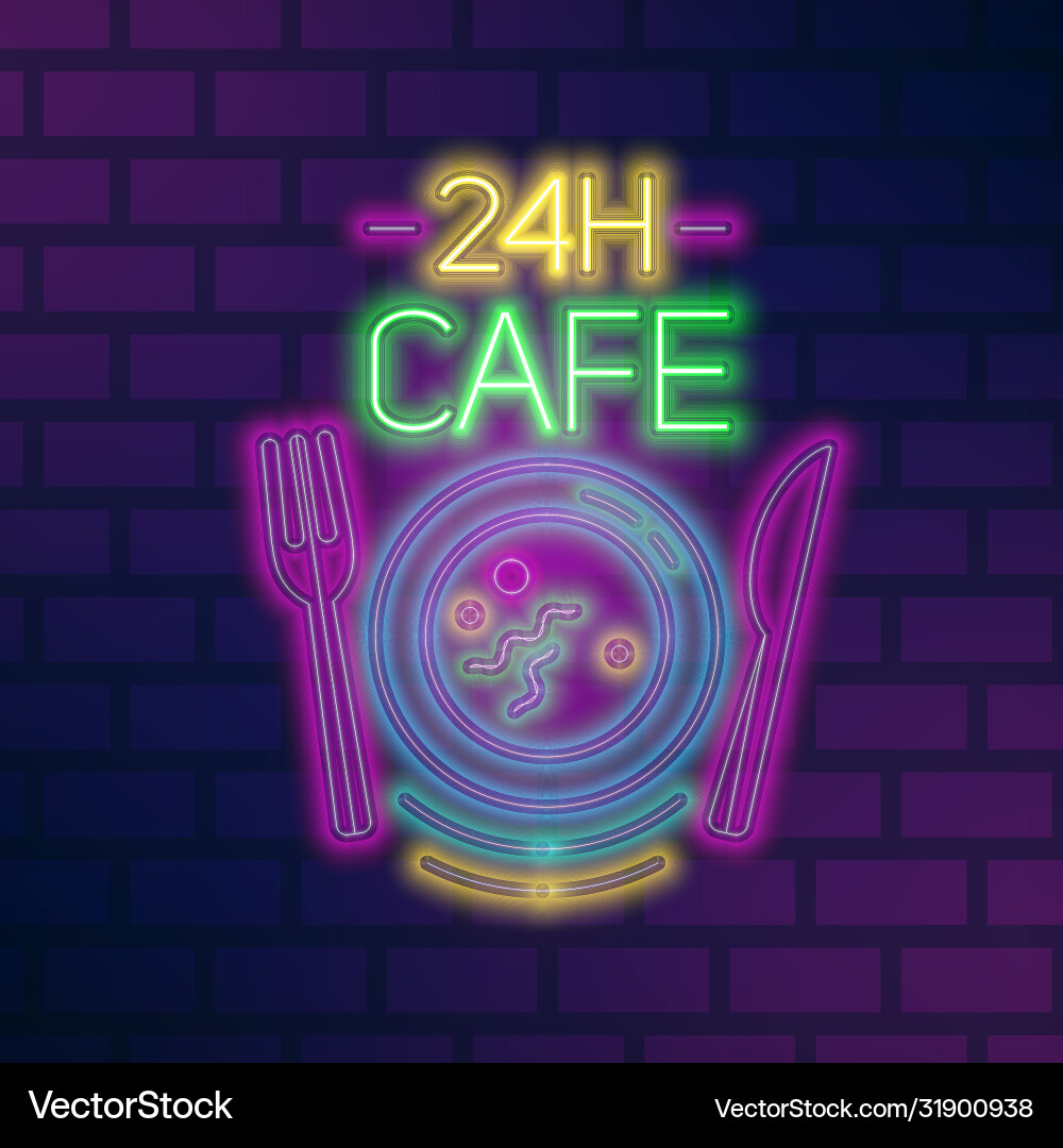 24h cafe neon sign on brick wall flat Royalty Free Vector