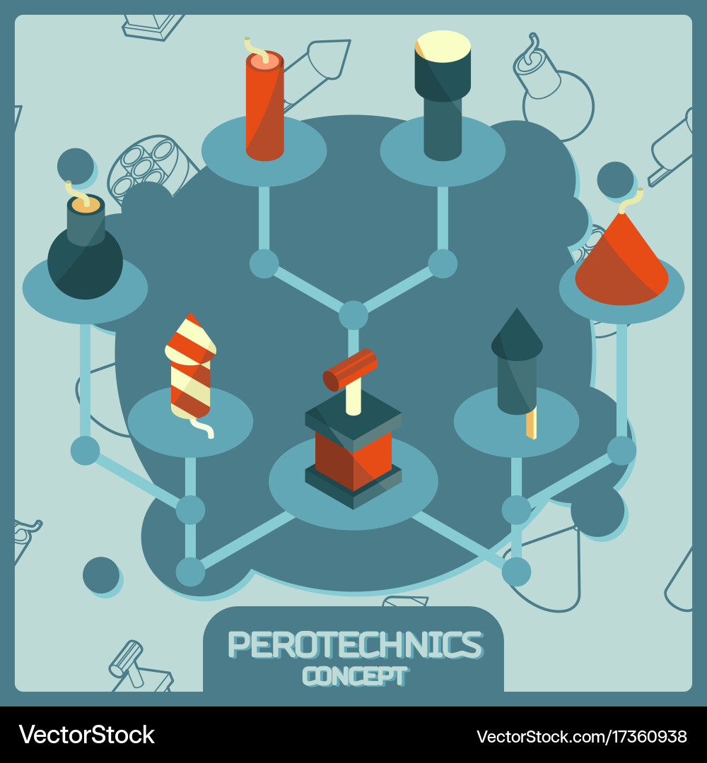 Pyrotechnics color isometric concept icons Vector Image