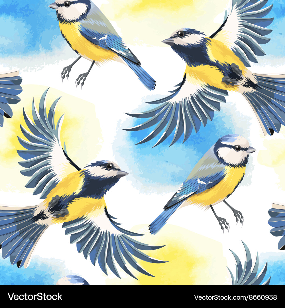 Seamless tomtit and watercolor blots Royalty Free Vector