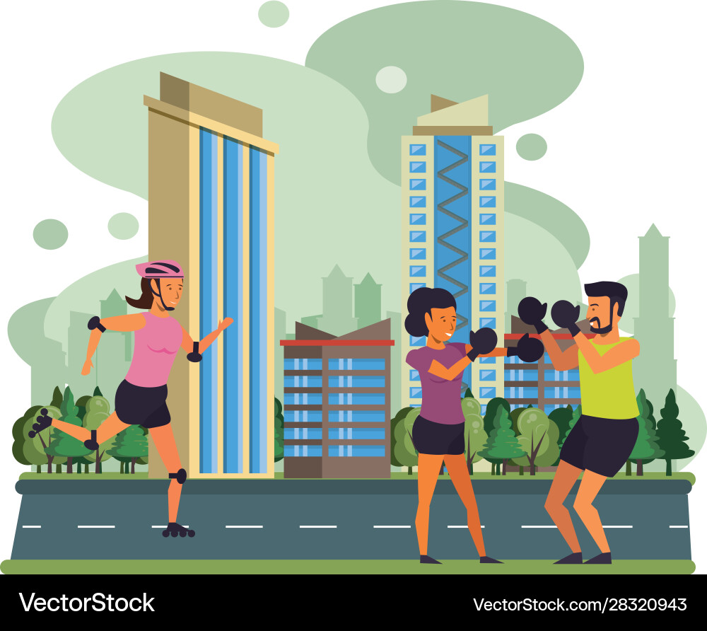 Athletes practicing sports on city Royalty Free Vector Image