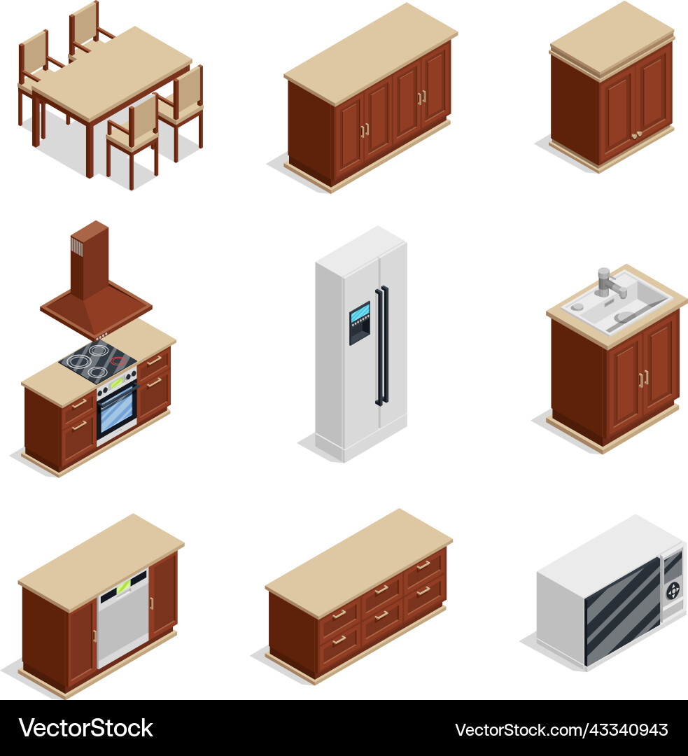 Kitchen furniture isometric icons set Royalty Free Vector