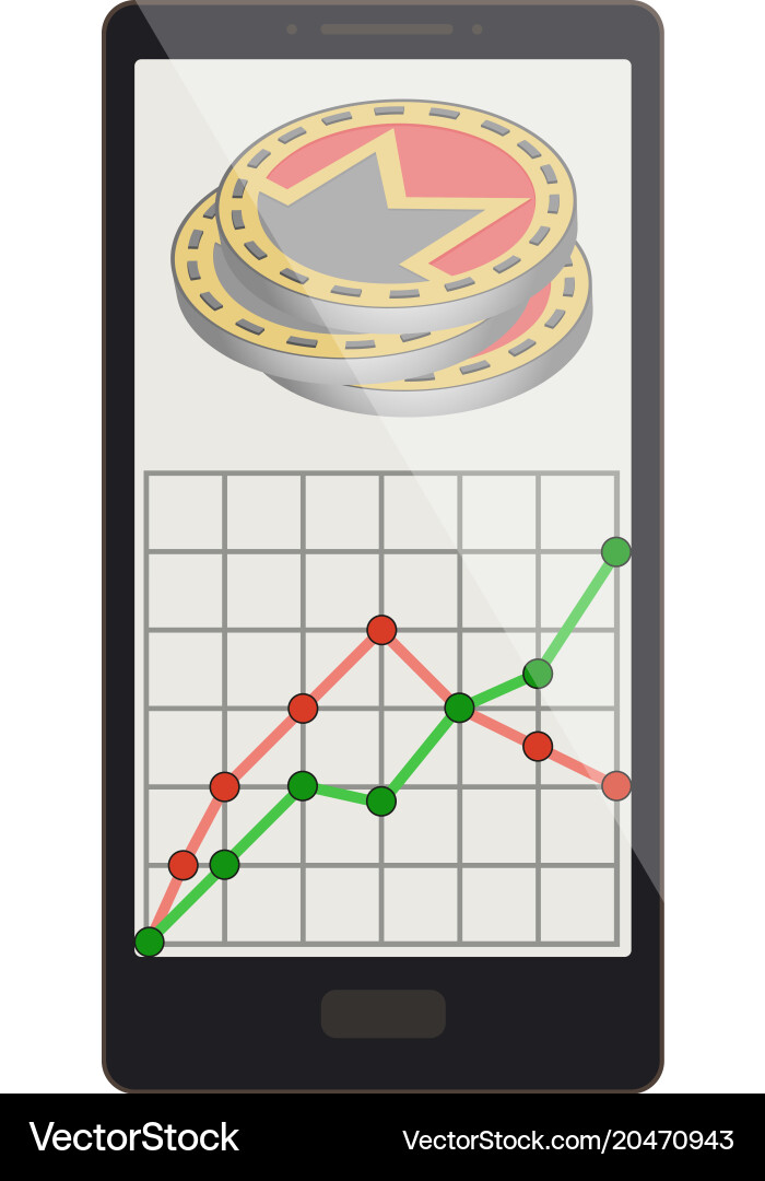 Monero coins with growth graph on a phone screen Vector Image