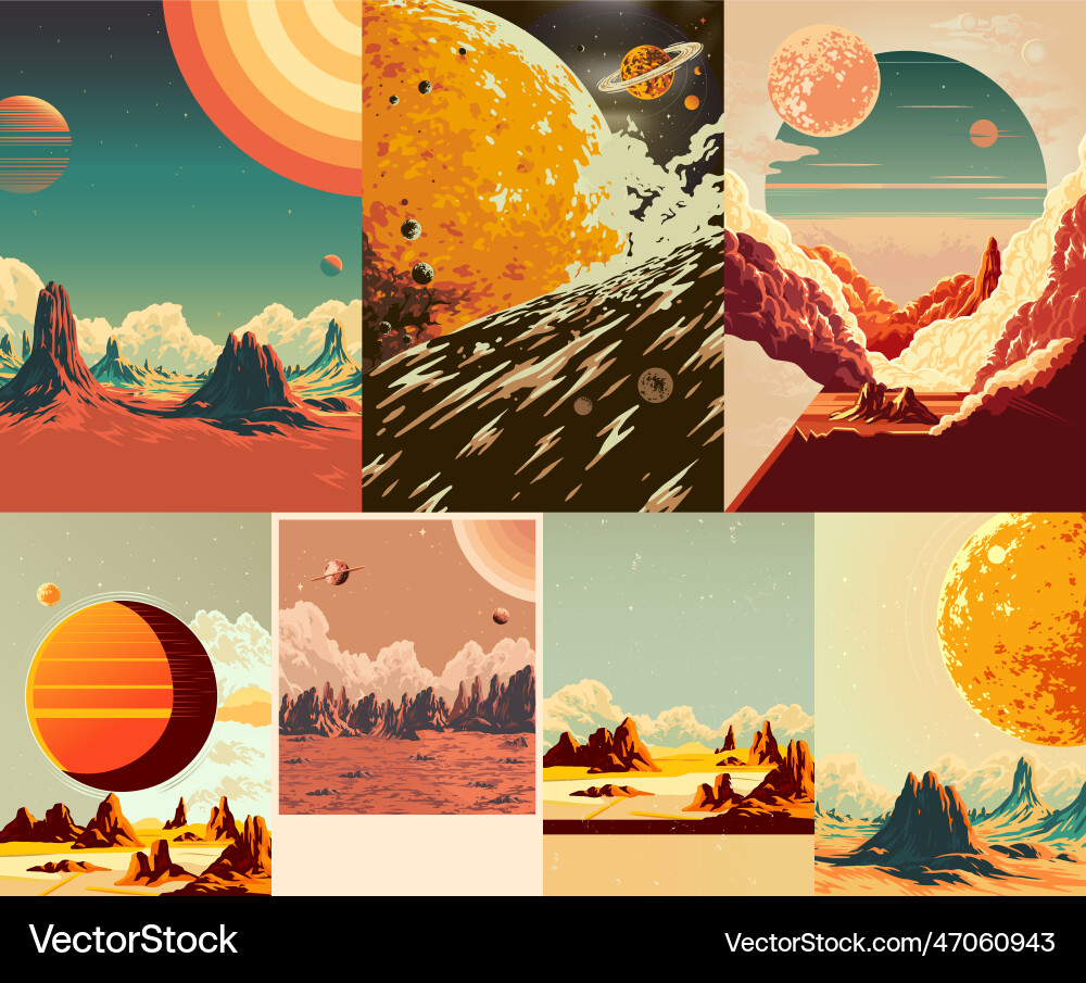 Space landscapes colorful set posters Royalty Free Vector