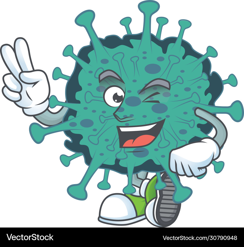 Joyful critical coronavirus showing his two finger