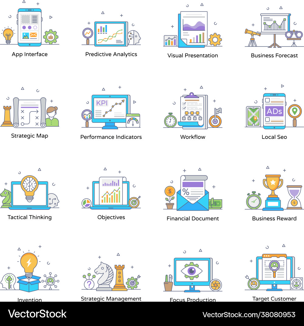 Business management flat line icons Royalty Free Vector