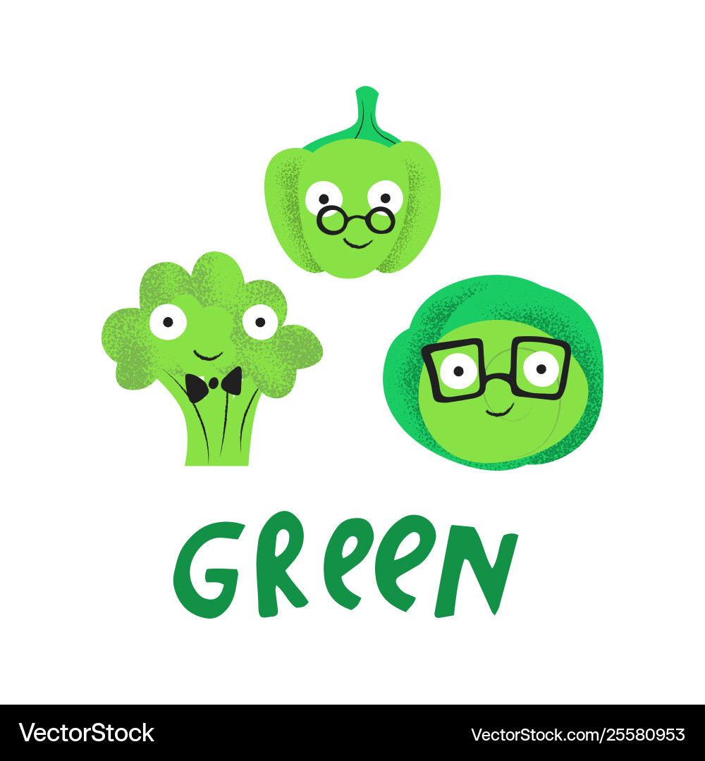 Green vegetables cartoon characters on white Vector Image