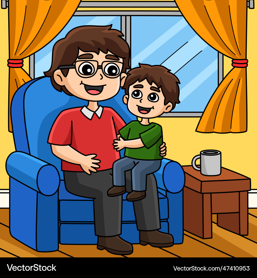 Son sitting on fathers lap colored cartoon Vector Image