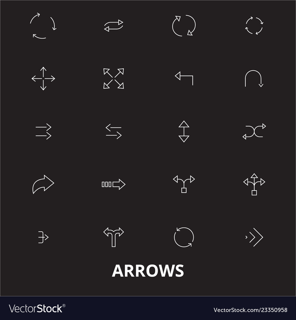 Arrows editable line icons set on black Royalty Free Vector