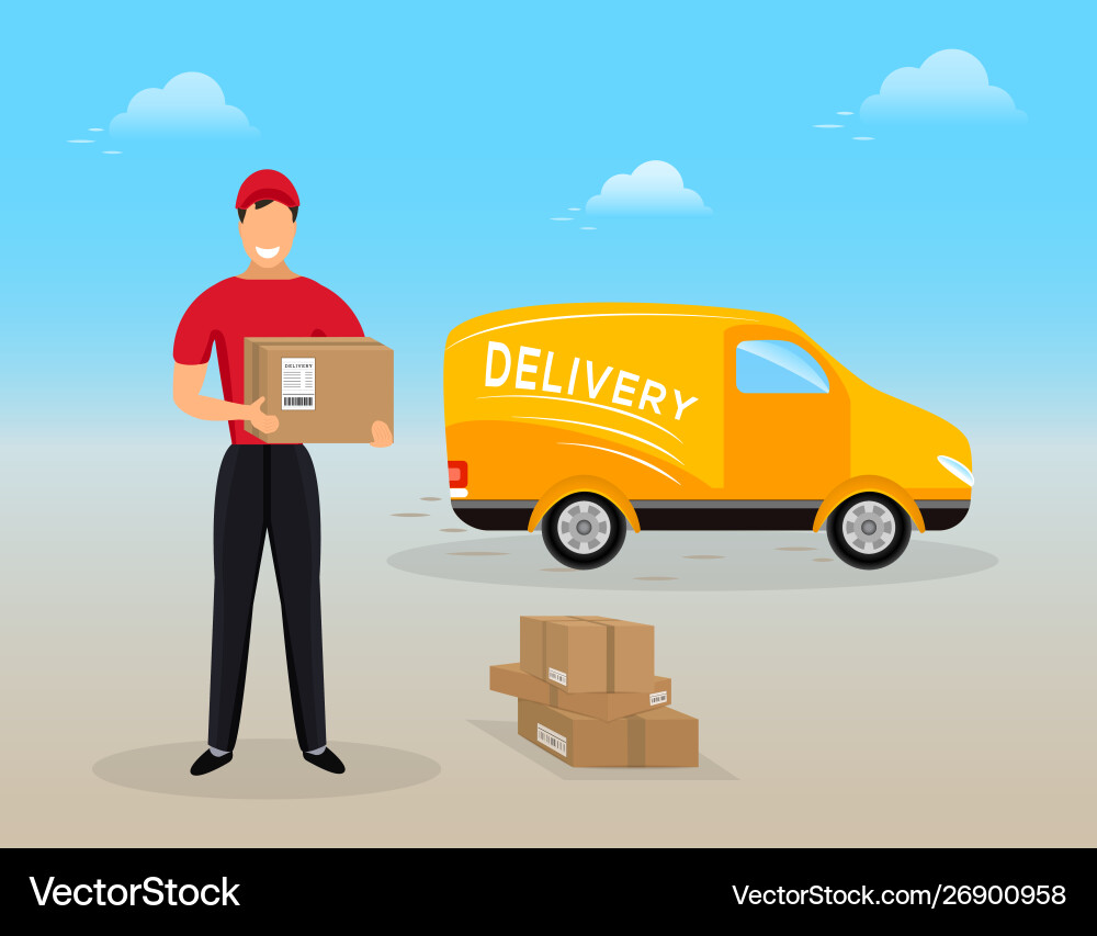 Fast delivery man in red uniform standing Vector Image