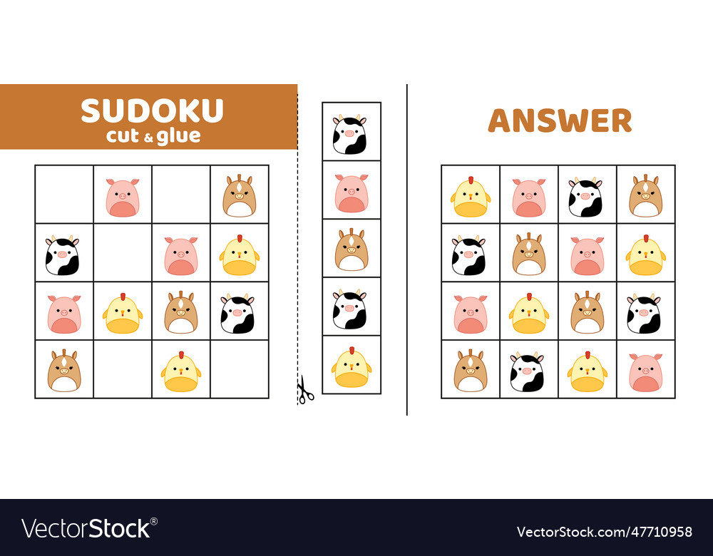 Sudoku with four farm animals squishmallow game Vector Image
